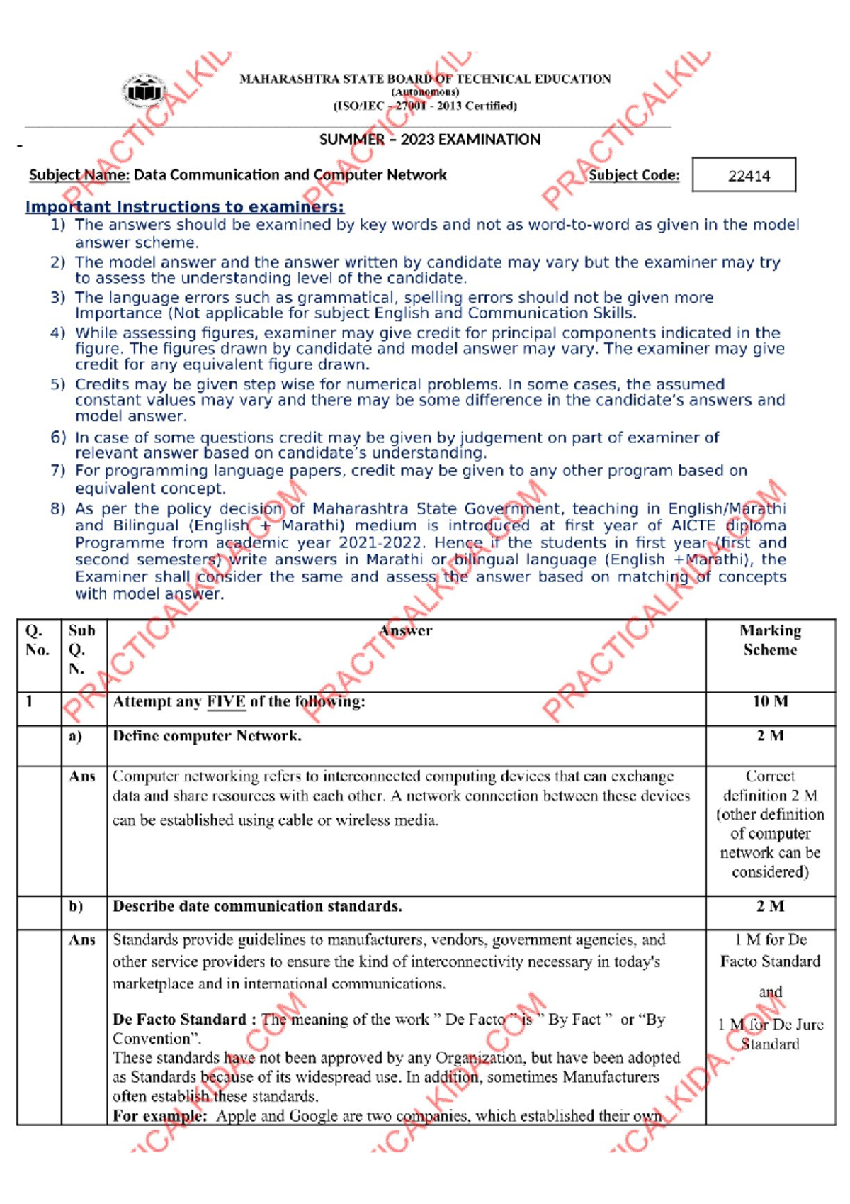 MSBTE 22414 Data Communication & Computer Networks Model Answer Paper ...