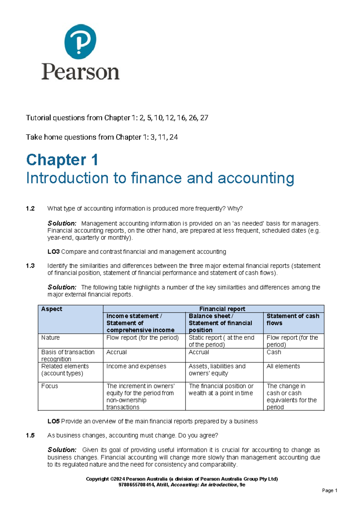 Chapter 1 Tutorial Solutions for Finance & Accounting (ACC101) - Studocu
