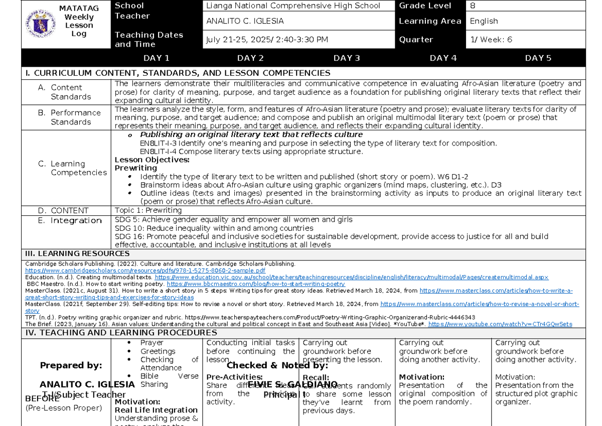 Q1-ENG8 Week 6 Daily Lesson Plan: Multiliteracies in Literature - Studocu
