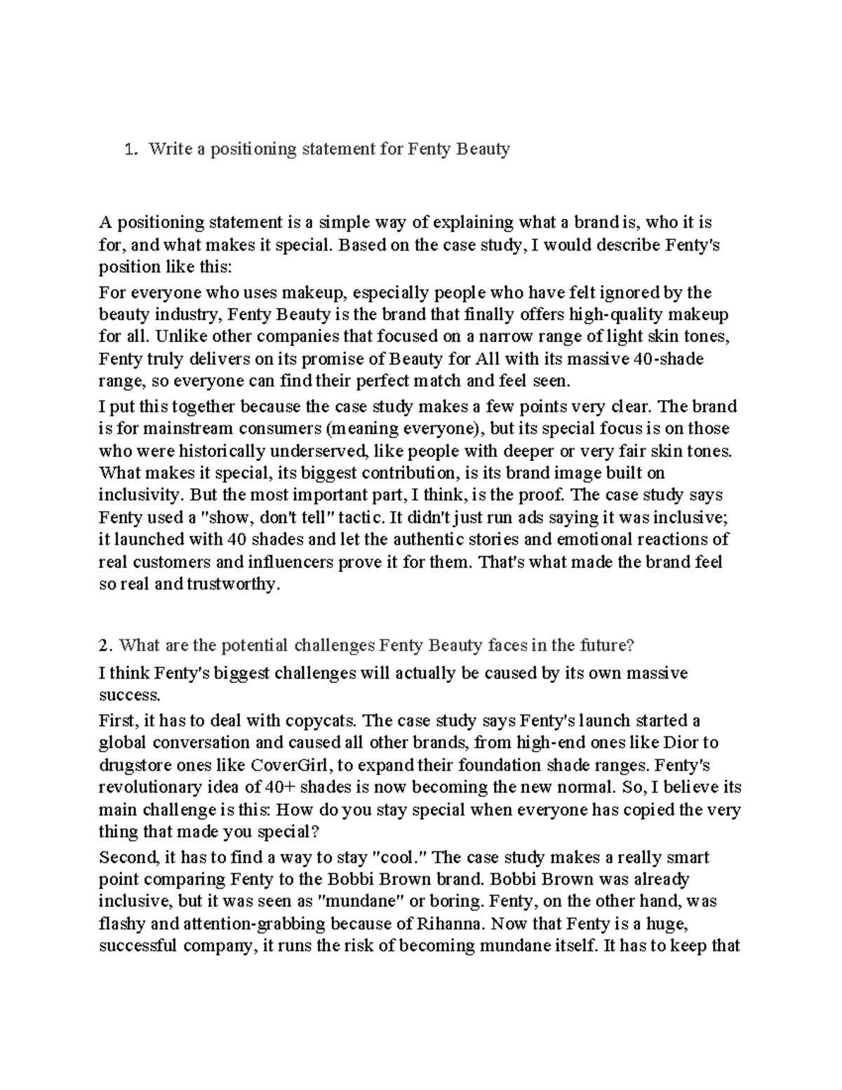 Midterm Case Study Analysis: Fenty Beauty's Positioning Statement - Studocu