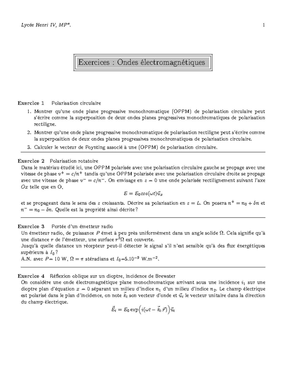 **Ondes Électromagnétiques - Exercices de Physique MP - Lycée Henri IV ...