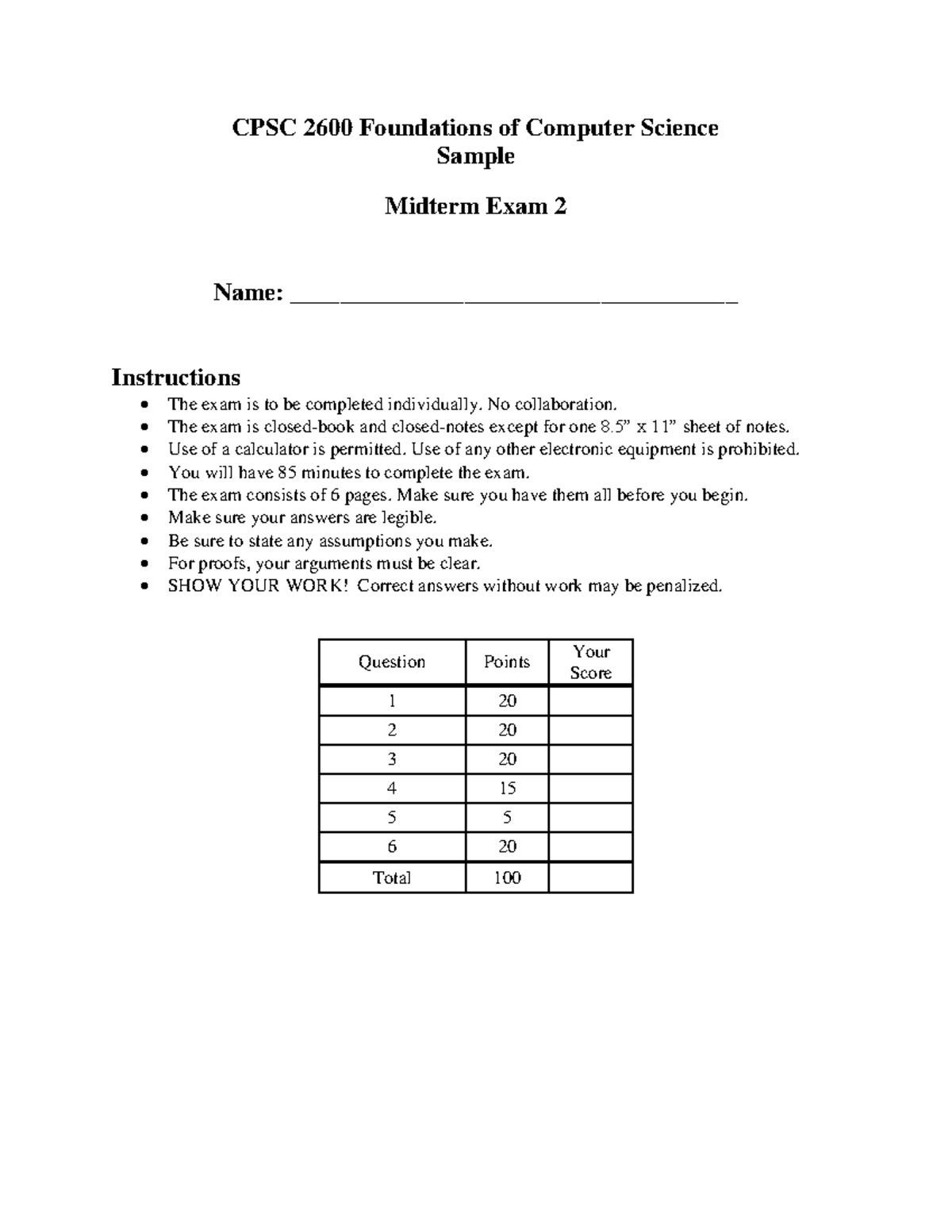 Cpsc2600 Sample Exam 2 solution - CPSC 2600 Foundations of Computer Science Sample Midterm Exam ...