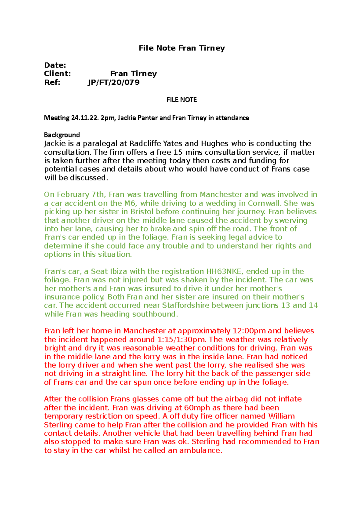 File Note: Fran Tirney's Legal Consultation - Case Ref: JP/FT/20 - Studocu