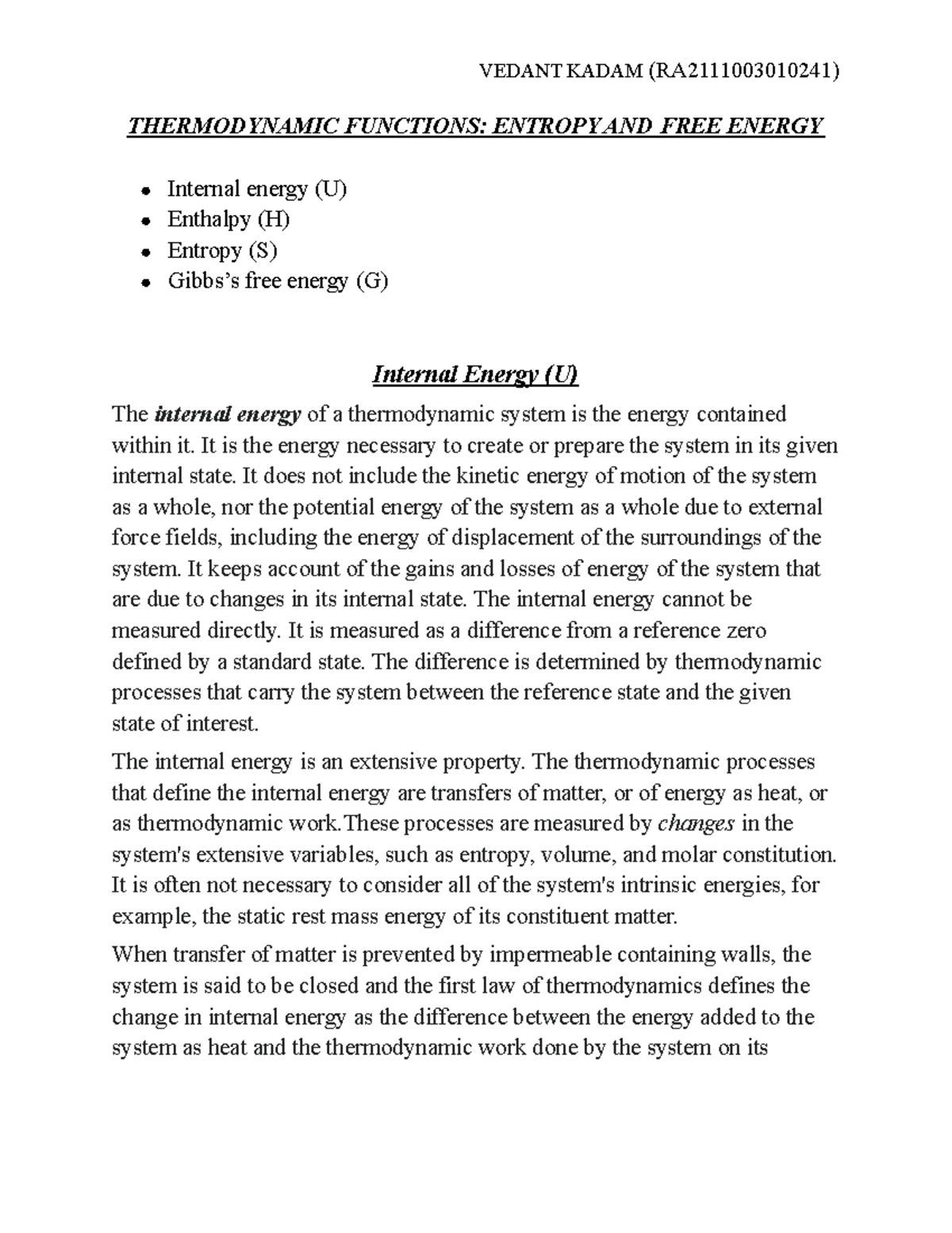 Thermodynamic Functions: Understanding Entropy and Free Energy - Studocu