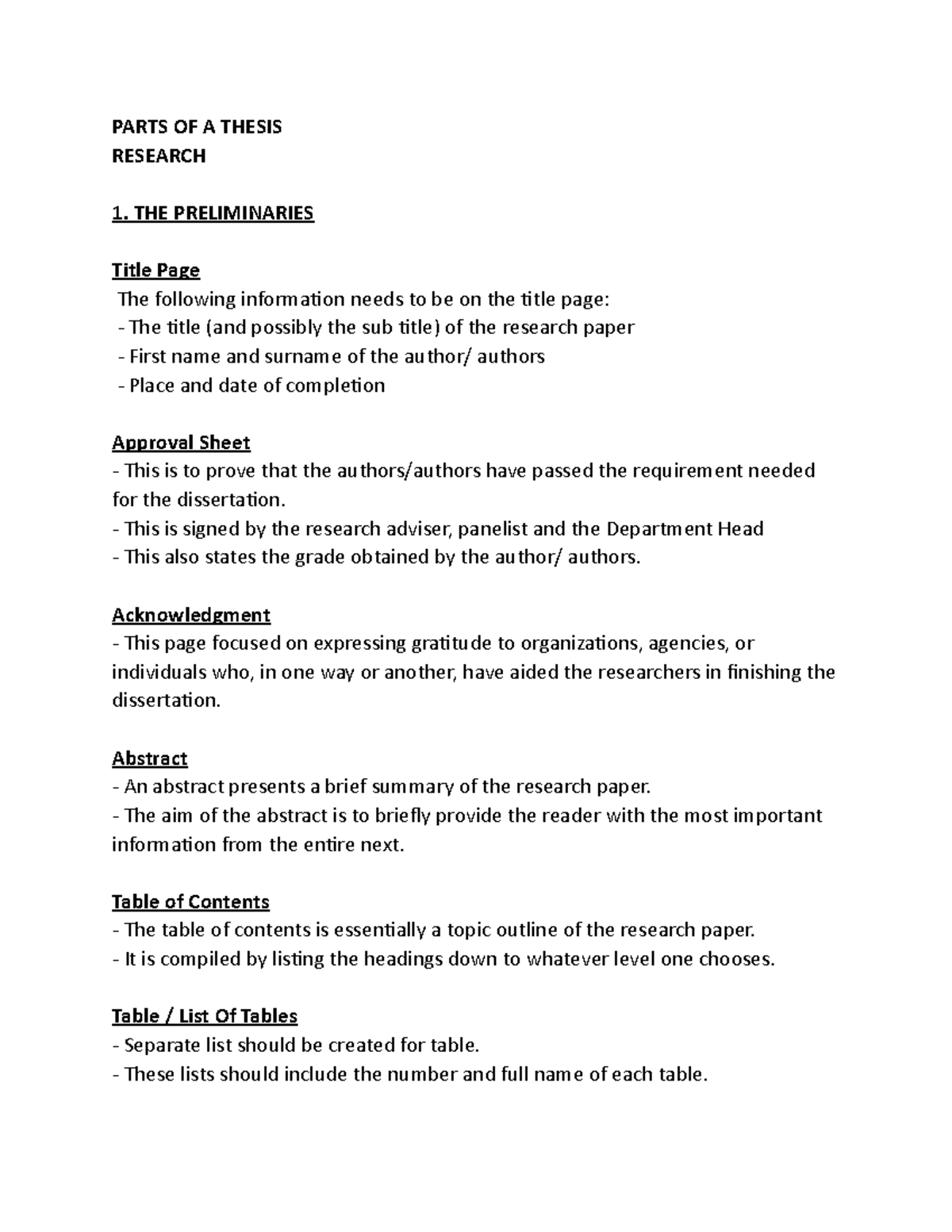 Parts of a Thesis (Information) - PARTS OF A THESIS RESEARCH 1. THE ...