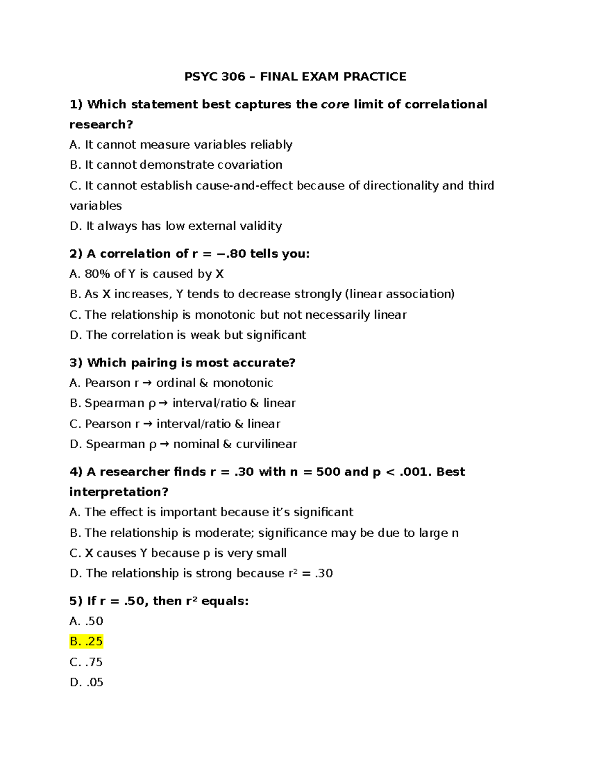 PSYC 306 FINAL EXAM PRACTICE QUESTIONS AND ANSWERS - Studocu