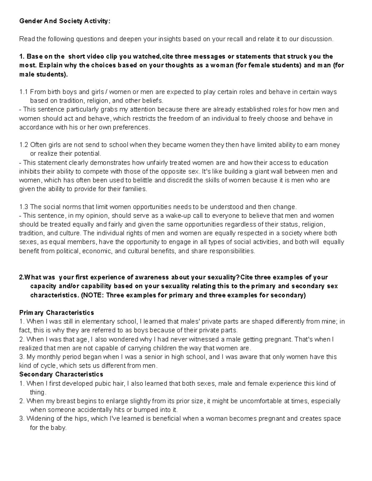 Gender & Society Activity: Insights on Roles, Sexuality, and Awareness ...