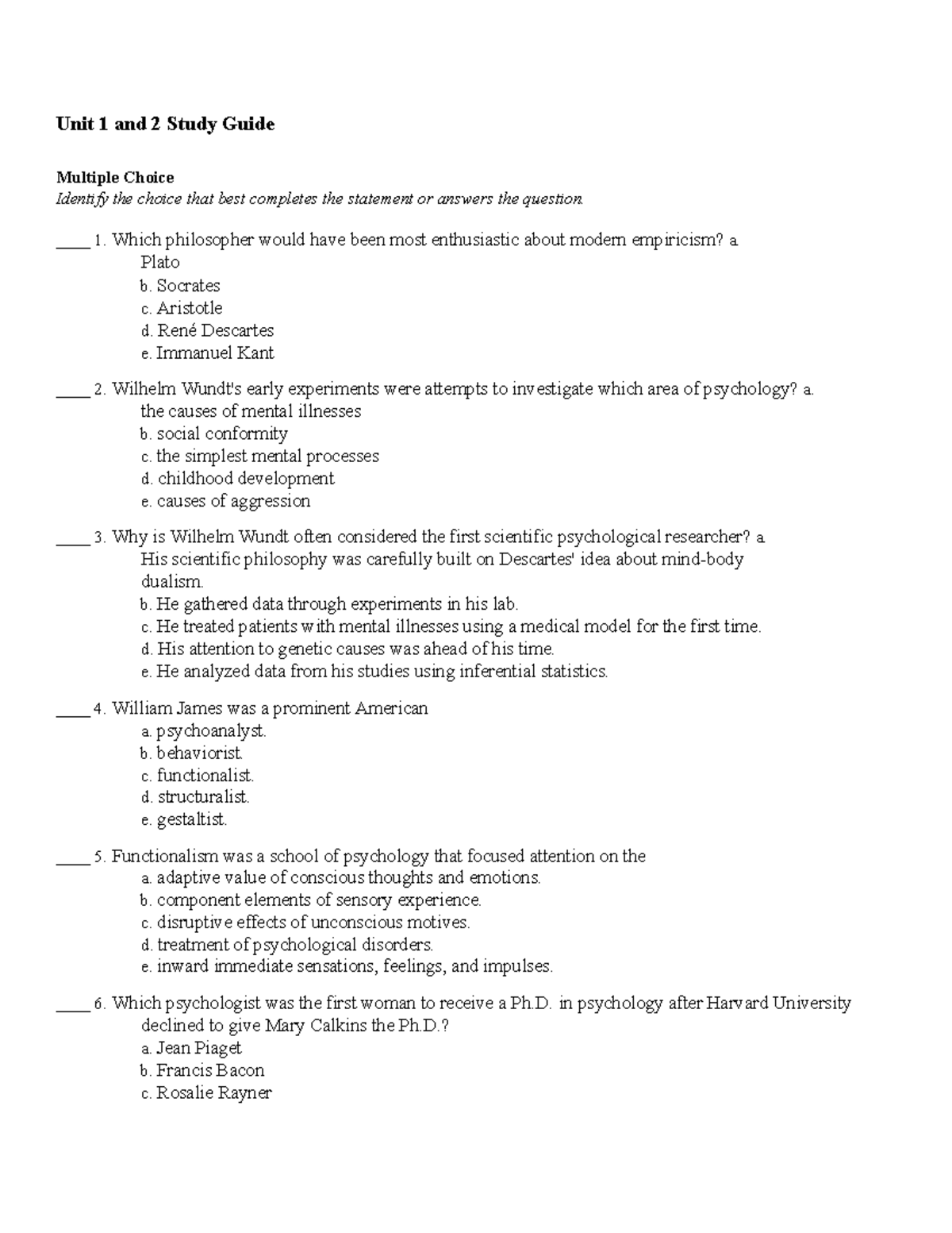 Psych 3 Unit 1 & 2 Study Guide: Multiple Choice Questions - Studocu