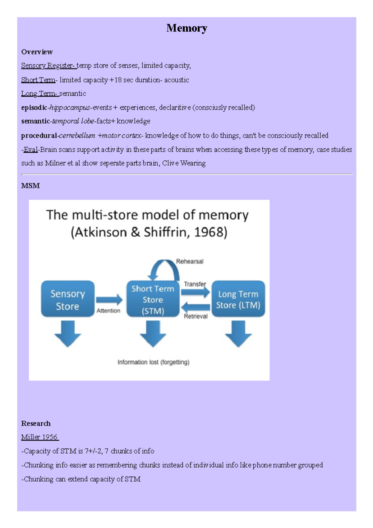 Cognitive Psychology: Memory Overview for PSY101 Final Exam Notes - Studocu