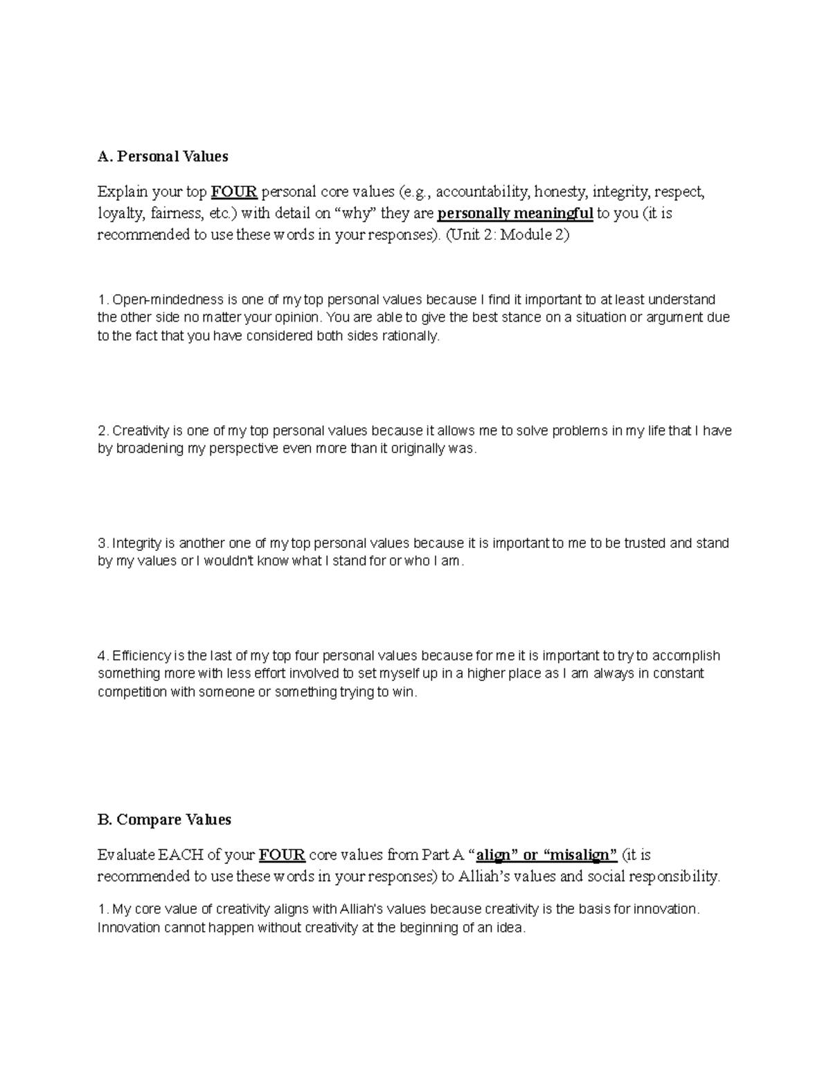 D082 Task 2 - Personal & Core Values Analysis with Alignments - Studocu