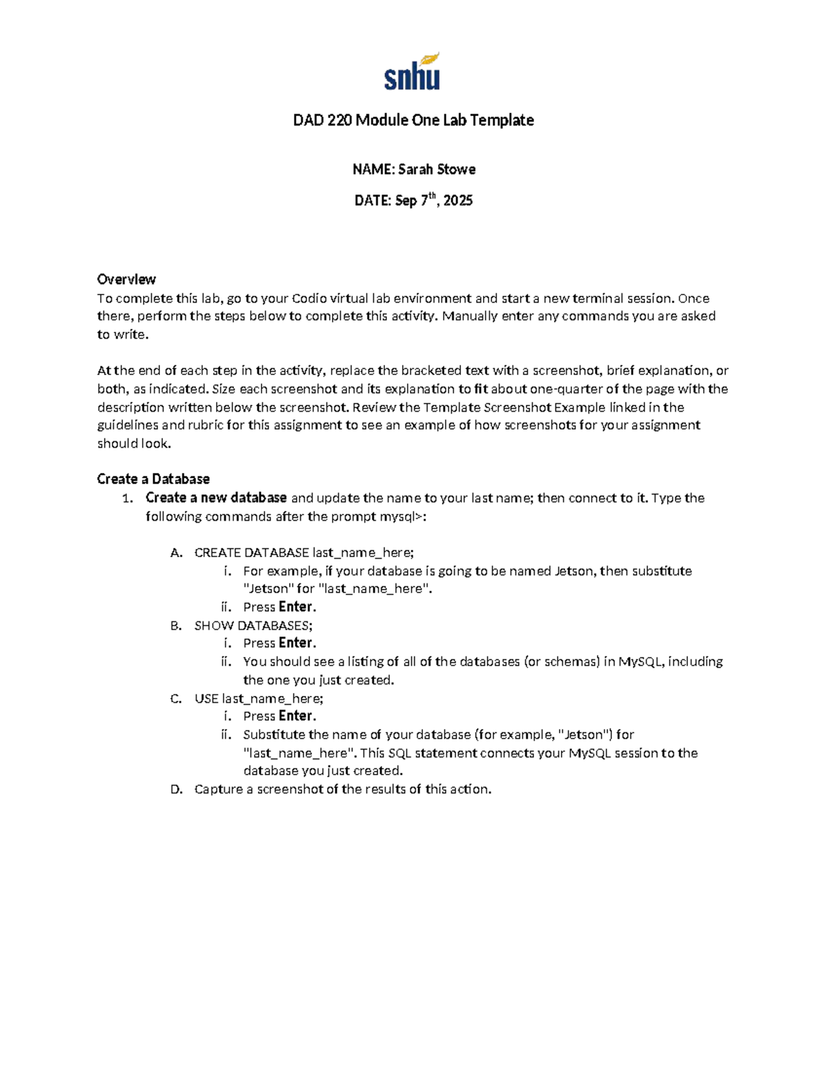 DAD 220 Module 1 Lab: Database Creation and Management Guide - Studocu