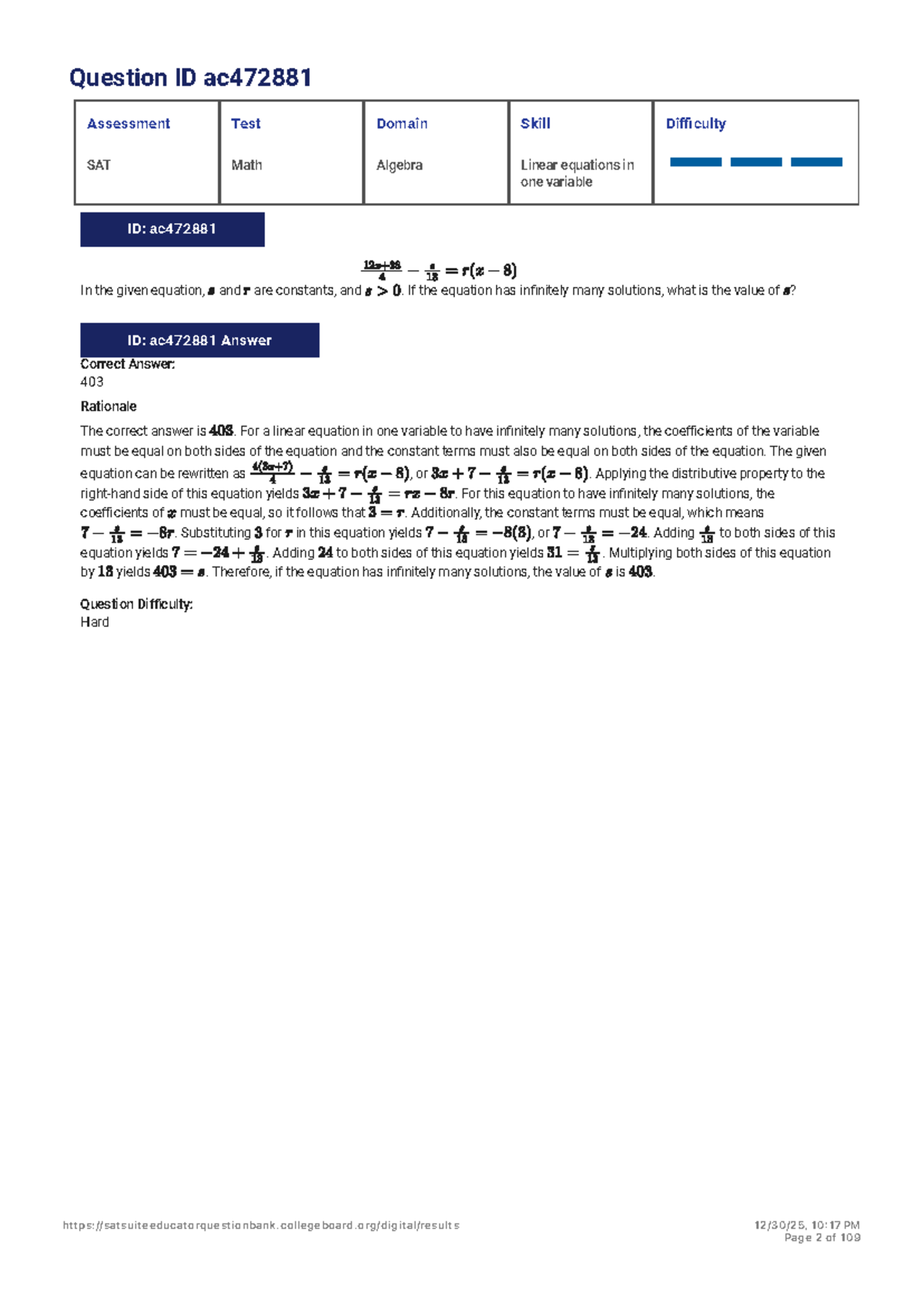SAT Math Algebra Assessment Test Questions and Solutions - Studocu