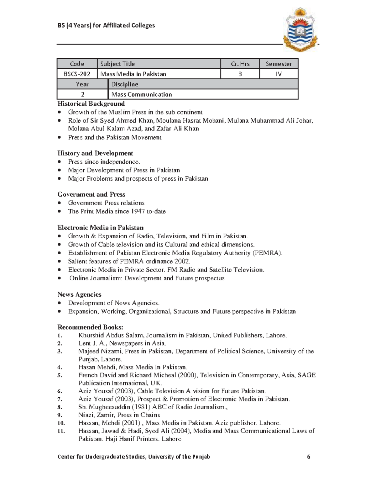Mass Media in Pakistan - BSCS 202 Course Content Overview - BS (4 Years) for Affiliated Colleges ...