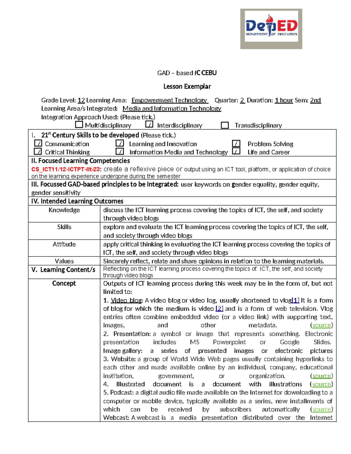 GAD-Based ICT Project Lesson Exemplar for Grade 12 - EmpTech - Studocu