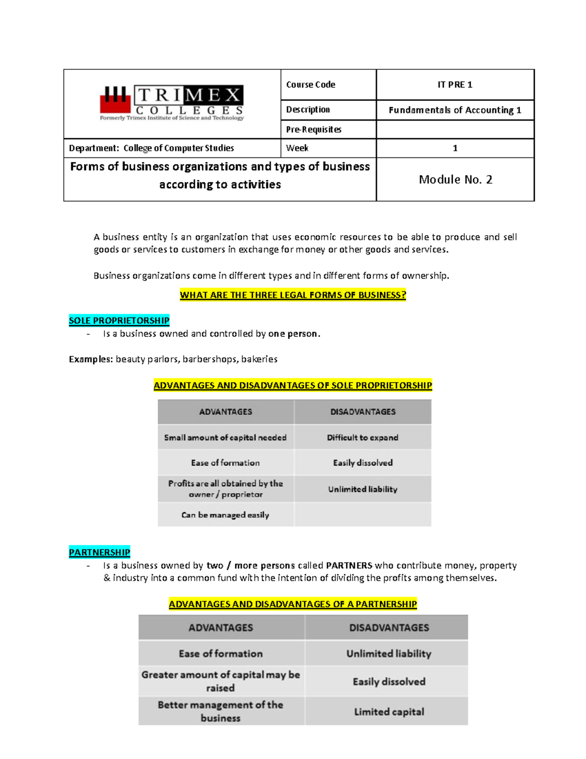 WEEK 1 Module 2 Forms OF Business Organizations AND Types OF Business ...