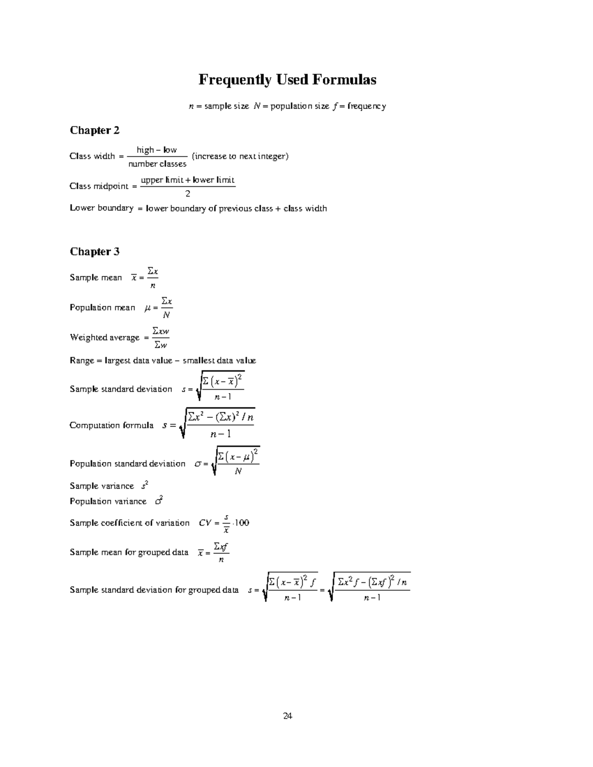 Statistics Reference Sheet for Exam: Key Formulas & Concepts - Studocu