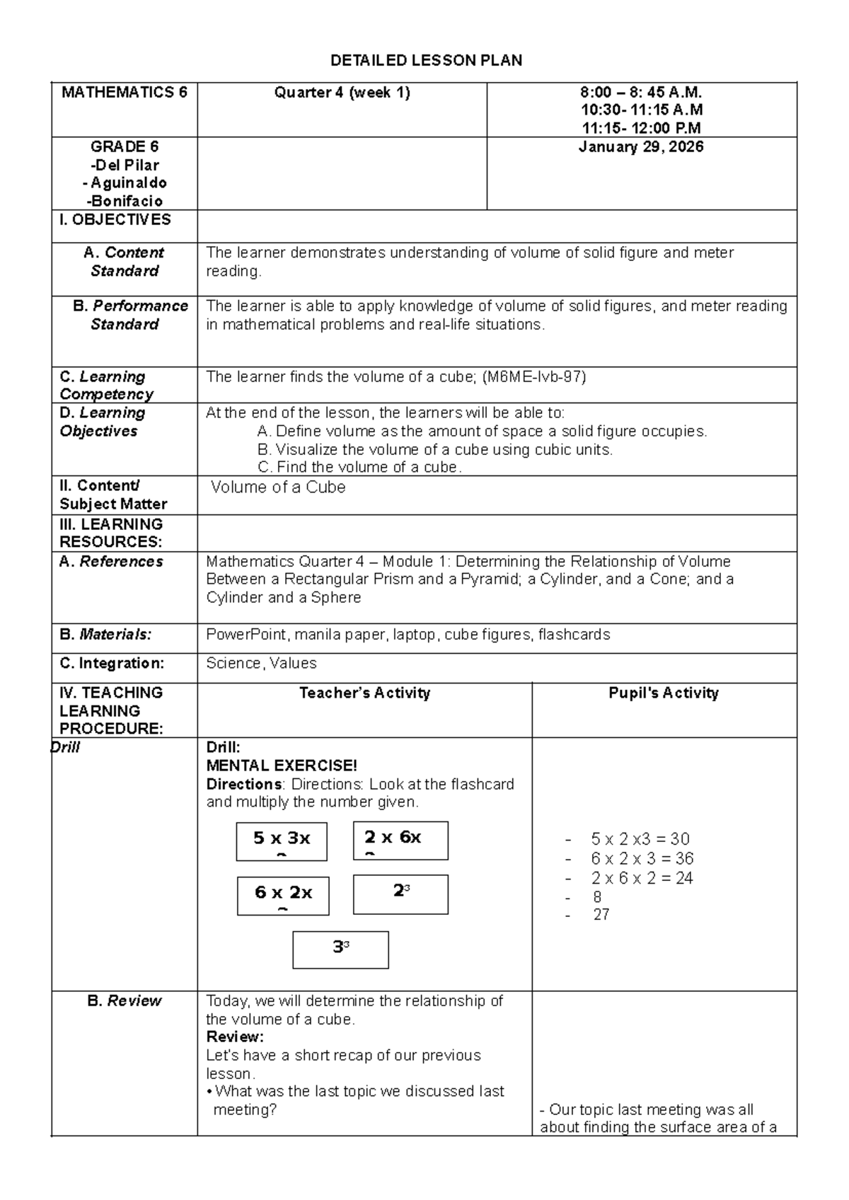 Math6LP: Detailed Lesson Plan on Volume of a Cube (Q4) - Studocu