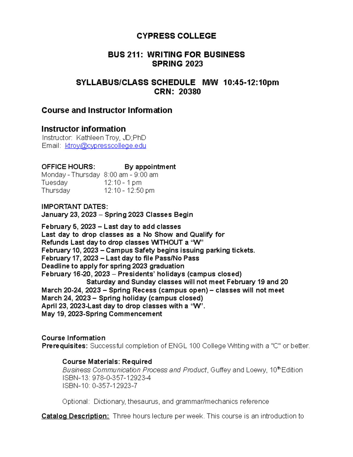 BUS 211 Syllabus for Writing for Business - Spring 2023 - Studocu