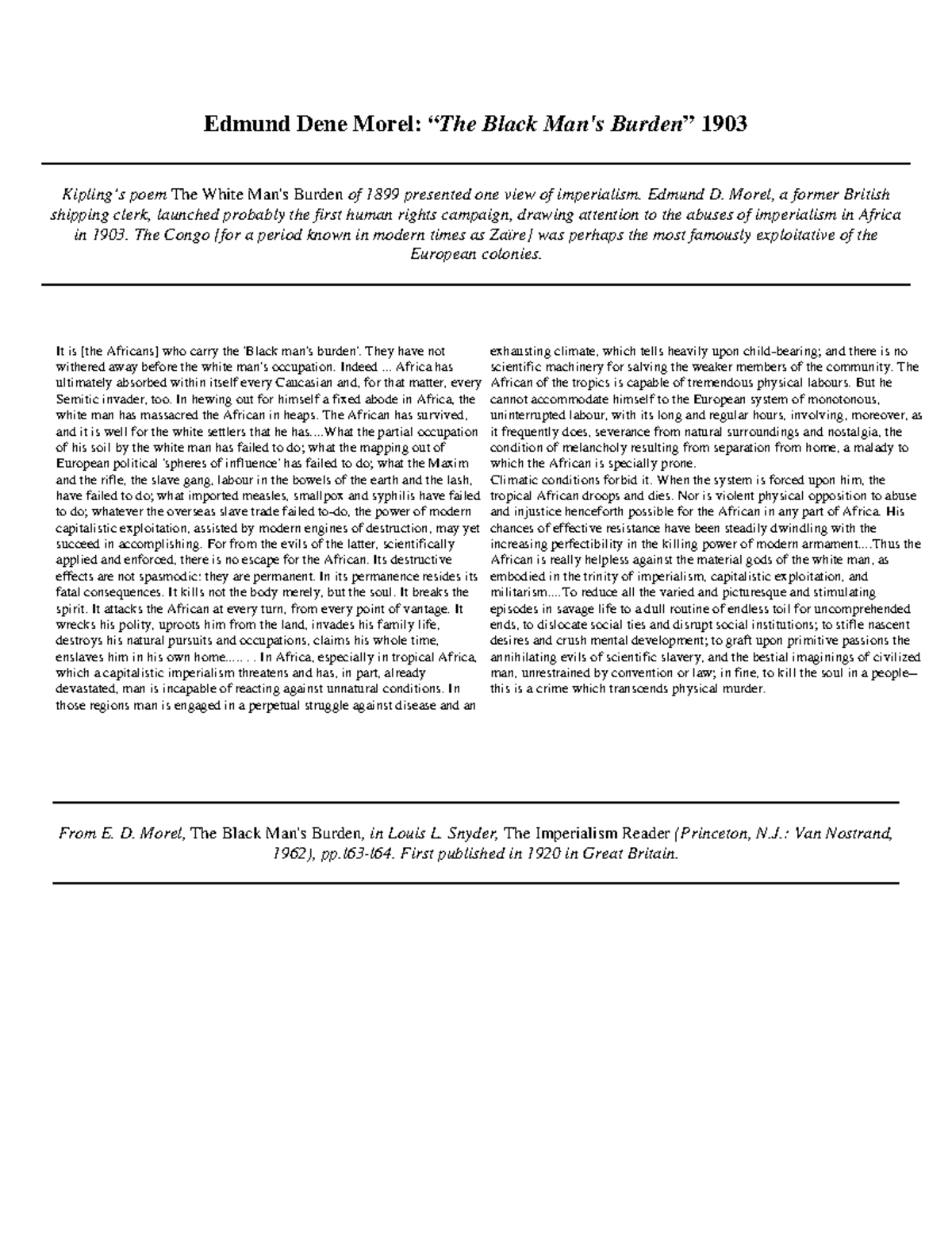 The Black Man's Burden: Insights from E.D. Morel's 1903 Analysis - Studocu