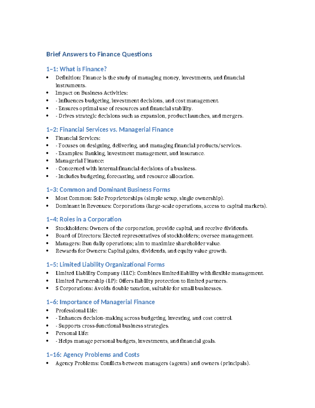 Finance Questions Answers - Brief Answers to Finance Questions 1–1 ...