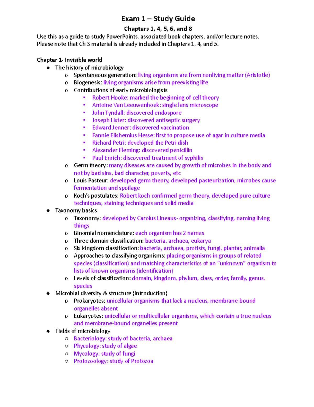 Exam 1 Study Guide: Microbiology Overview for Chapters 1, 4-6, 8 - Exam ...