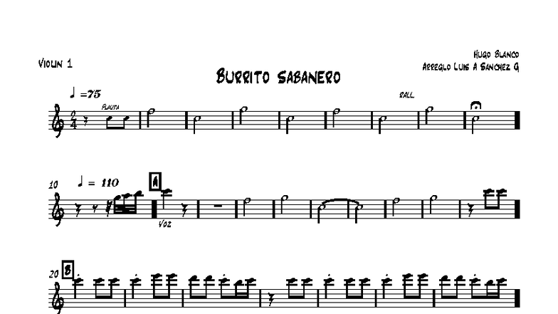 Burrito Sabanero Violin 1 Sheet Music Arrangement - Studocu