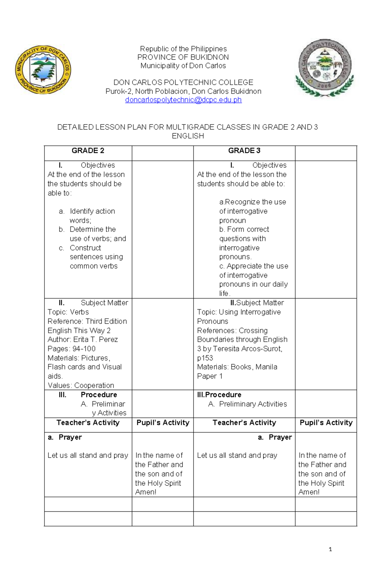 Detailed Lesson Plan for Multigrade Classes (Grade 2 & 3) - English ...