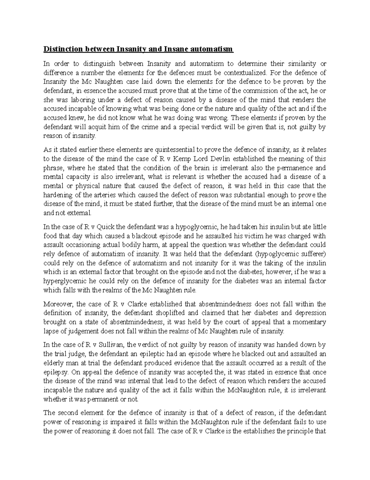 The distinction between Insanity and Insane automatism - Distinction ...