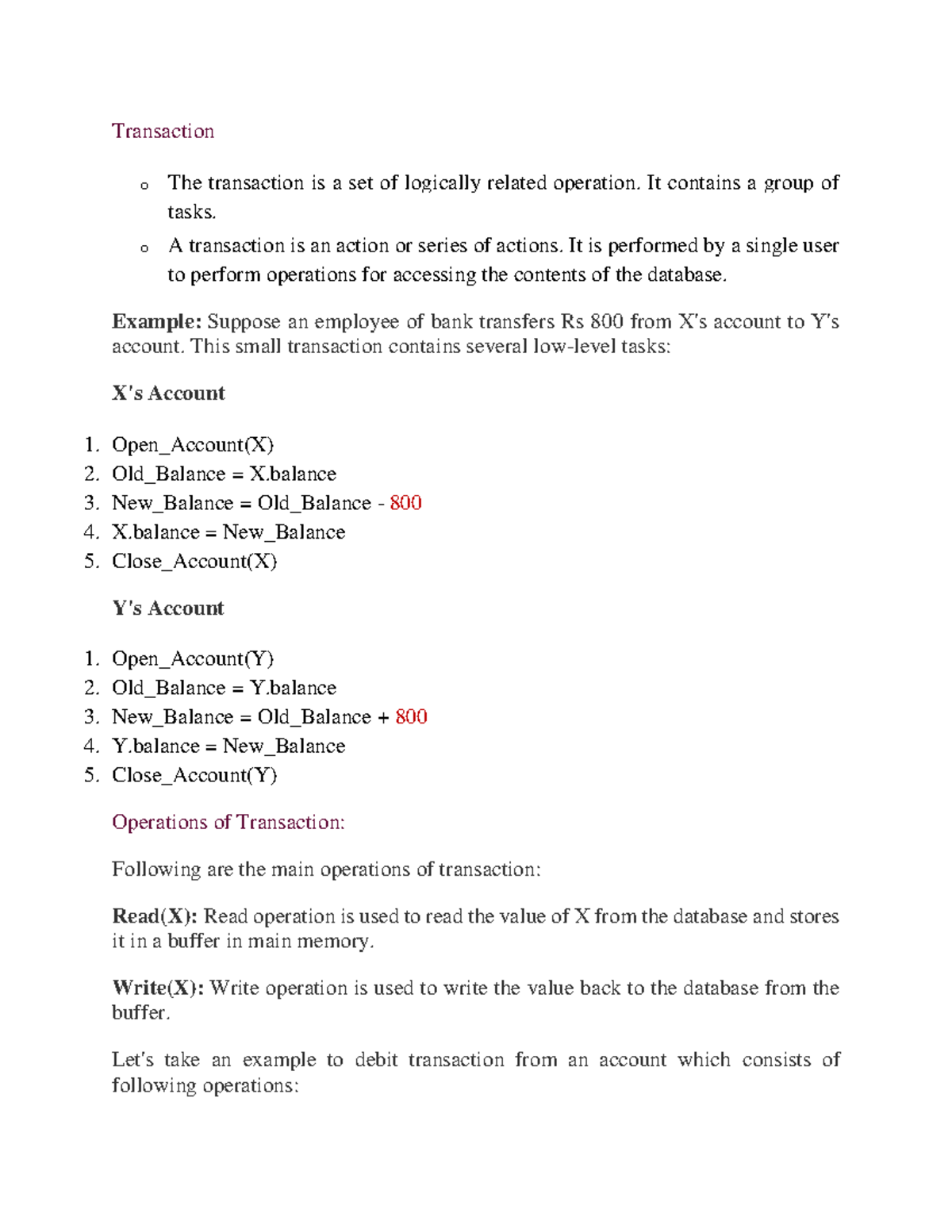 Dbms mod 5 - Dbms lecture notes - Transaction o The transaction is a ...