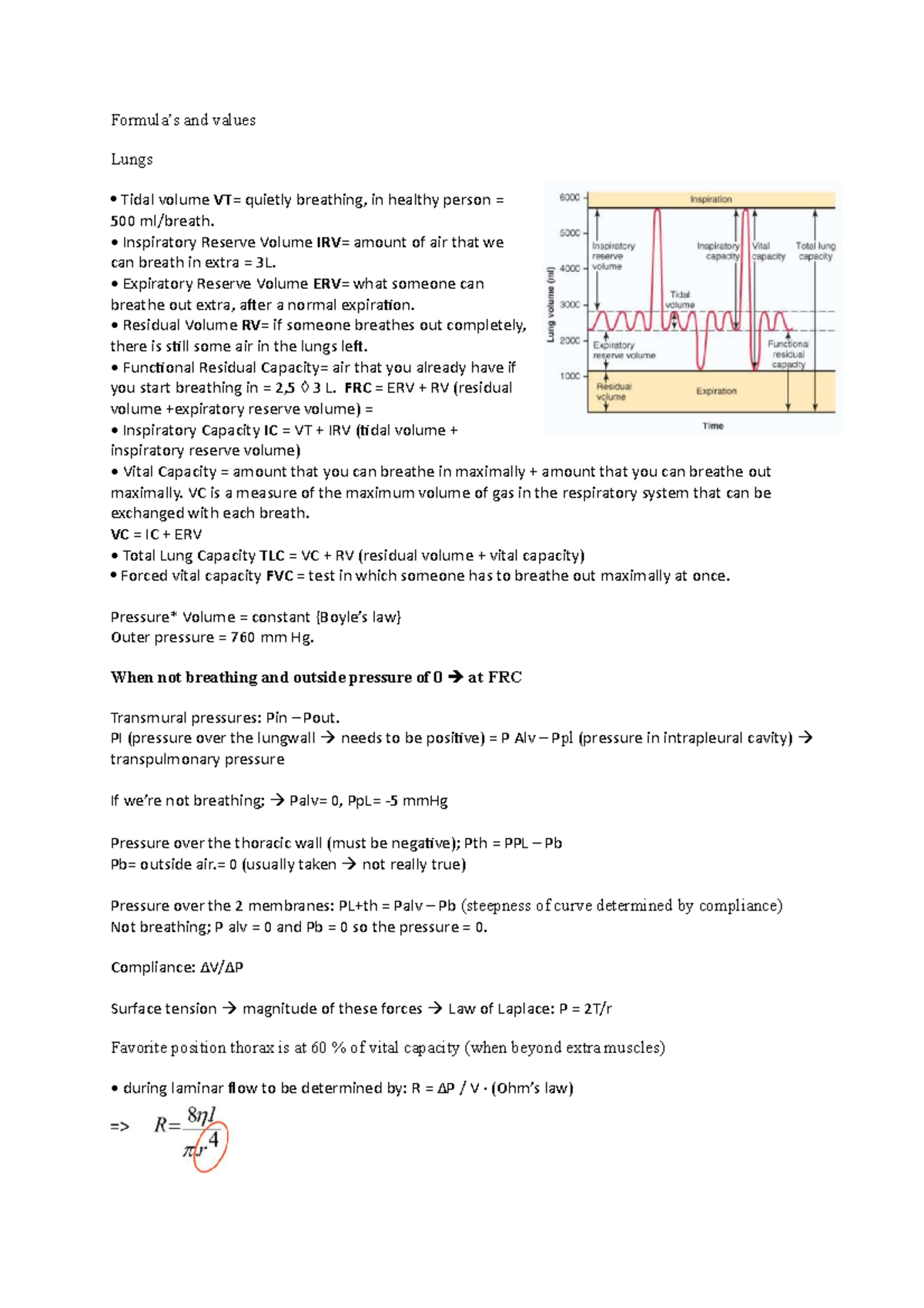Medical Physiology Formulas: Key Concepts and Values Analysis - Studeersnel