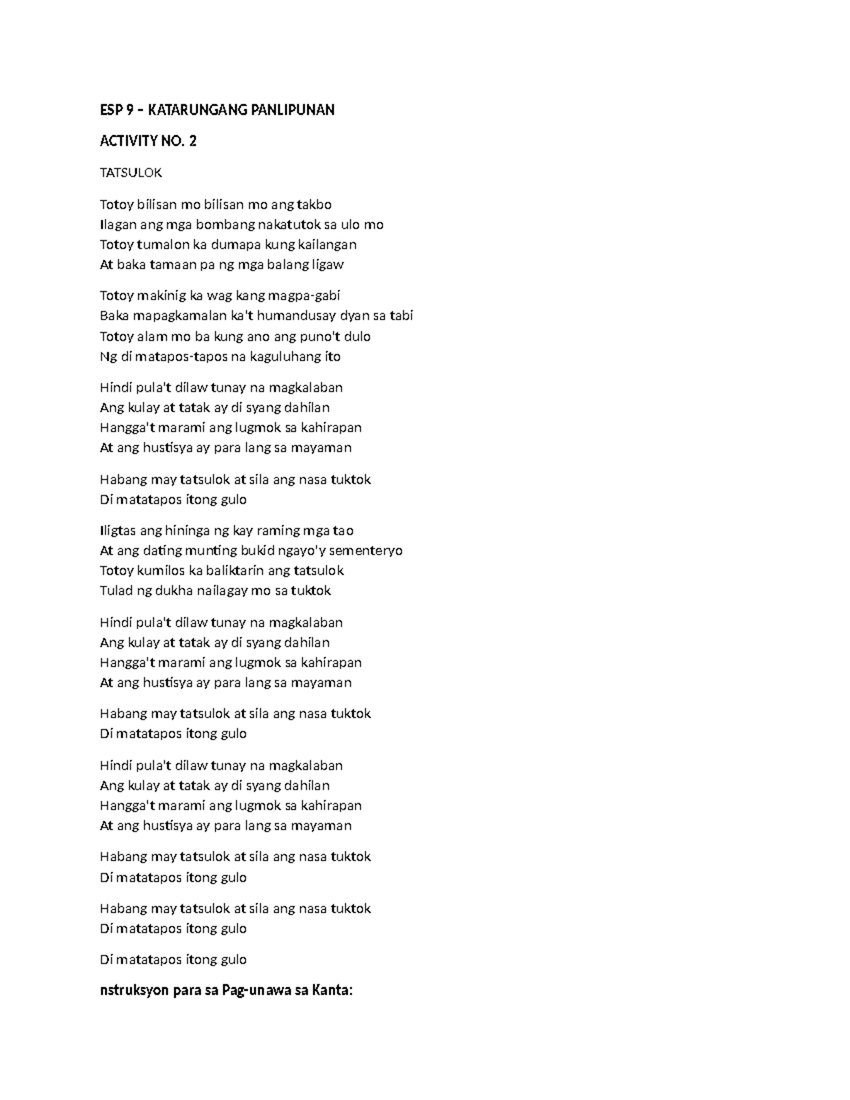 Tatsulok Activity Analysis - Katarungang Panlipunan - ESP 9 - Studocu