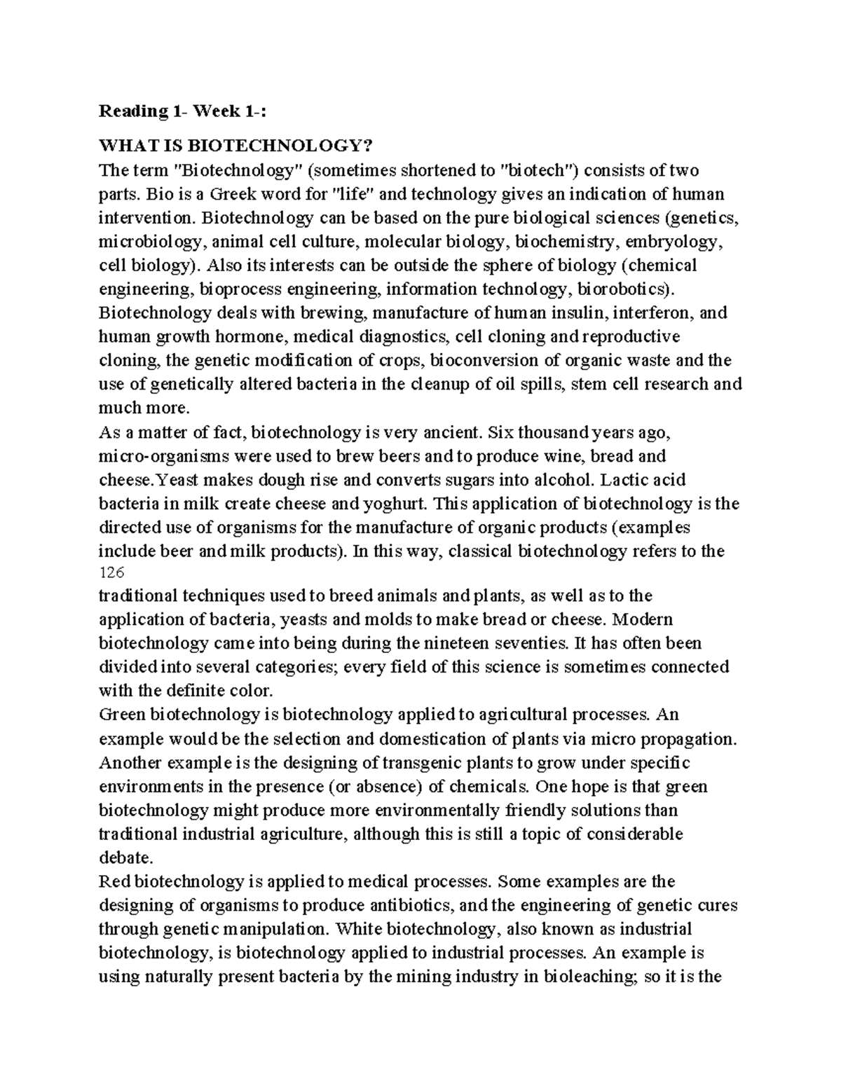 Biotechnology Overview - Reading 1, Week 1 Summary - Studocu