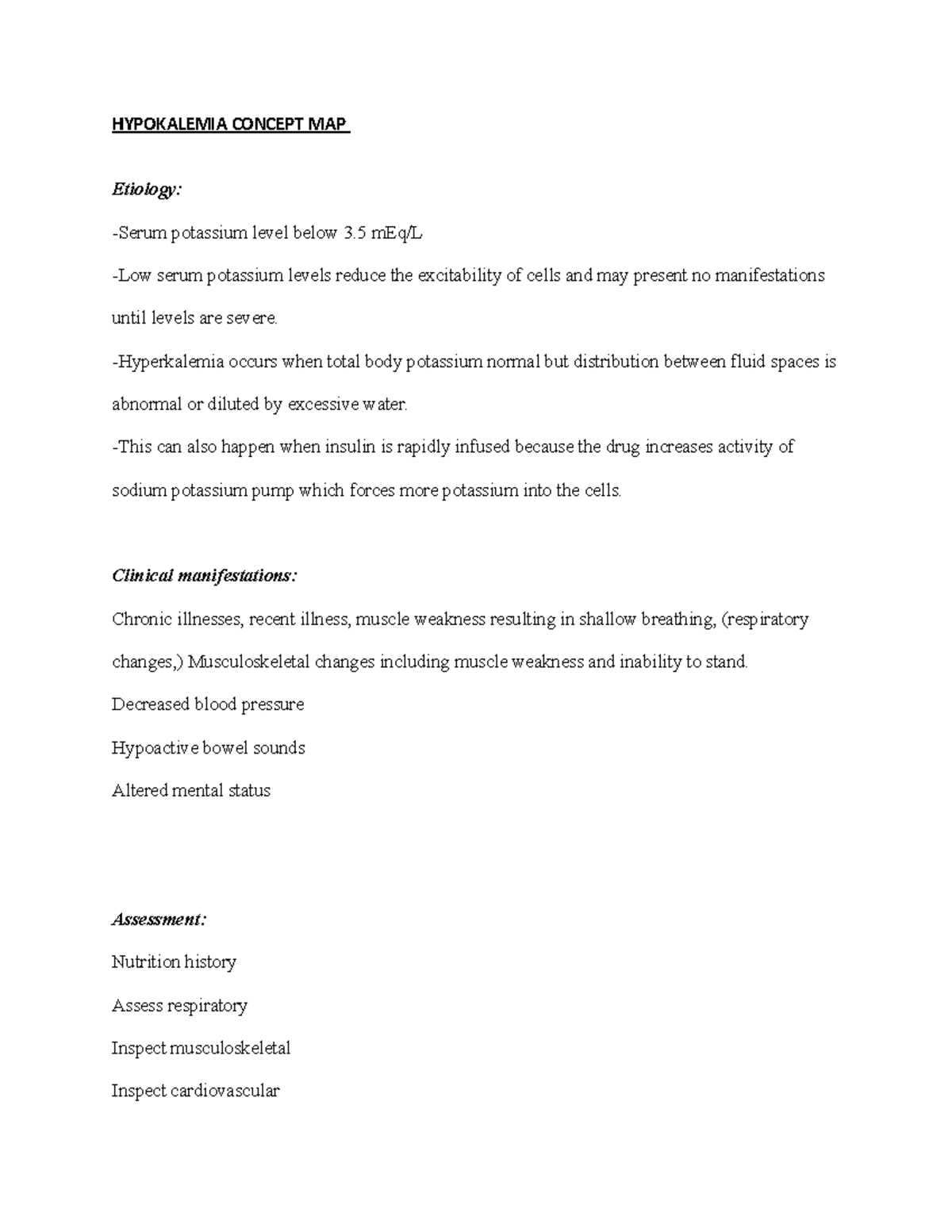 Hypokalemia Concept MAP - HYPOKALEMIA CONCEPT MAP Etiology: -Serum ...