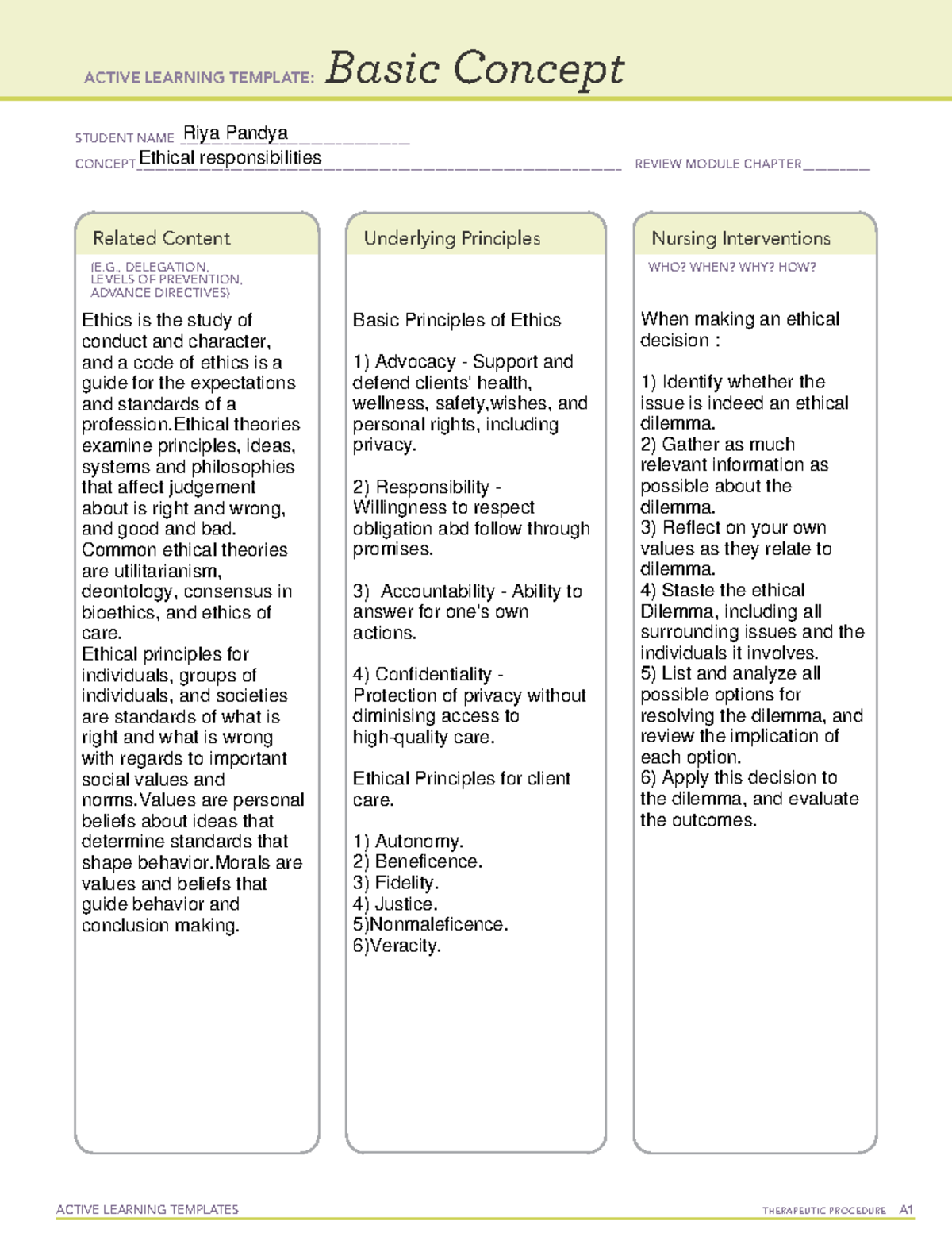 NUR 315 Ethical Responsibilities: Active Learning Template Guide - Studocu