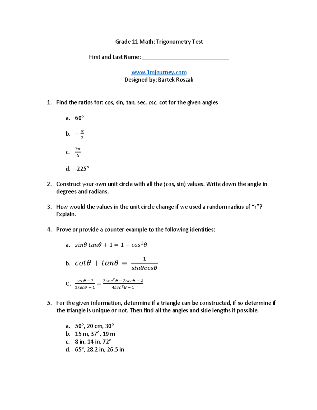 Grade 11 Trigonometry Test - Grade 1 1 Math: Trigonometry Test First ...