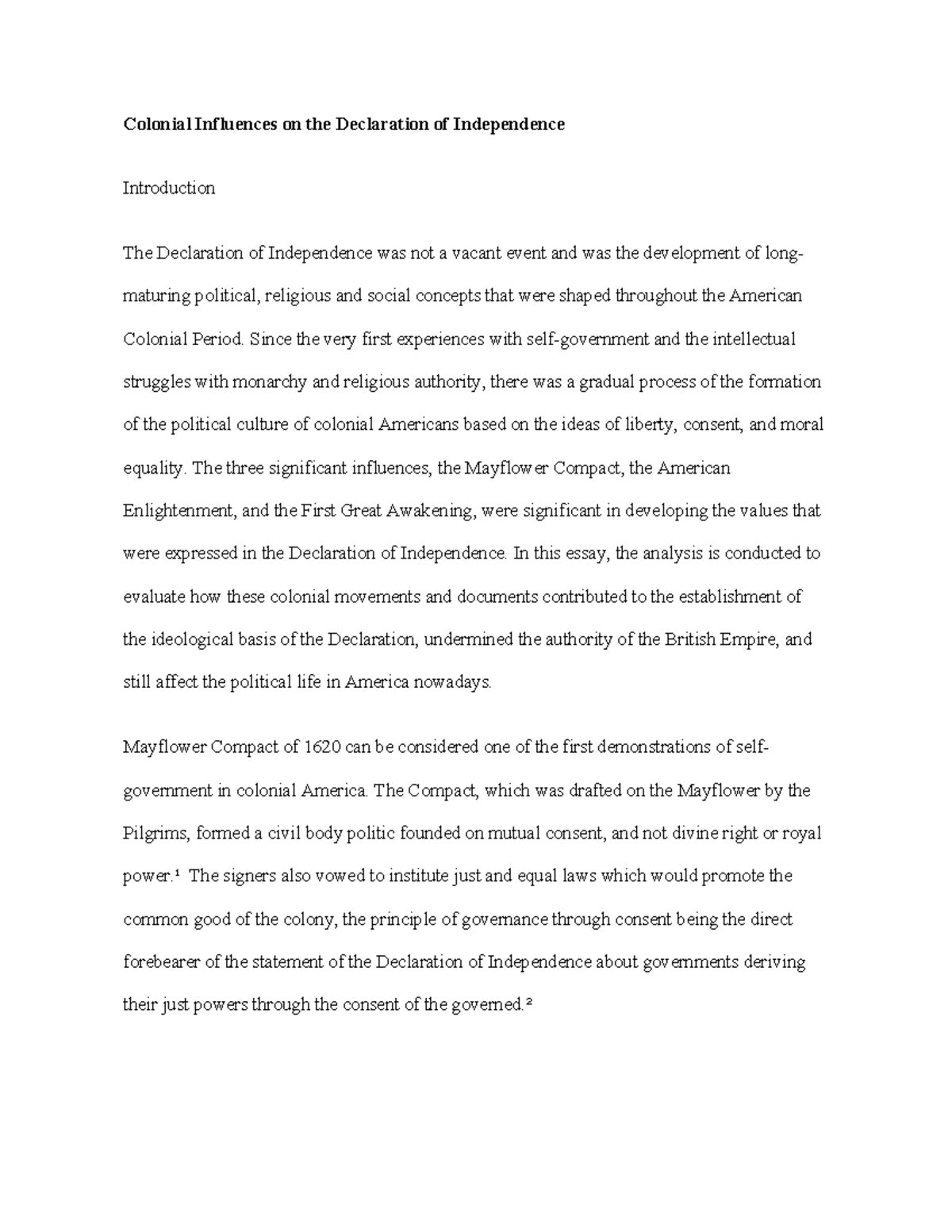 Hist 103 Essay: Colonial Influences on the Declaration of Independence ...