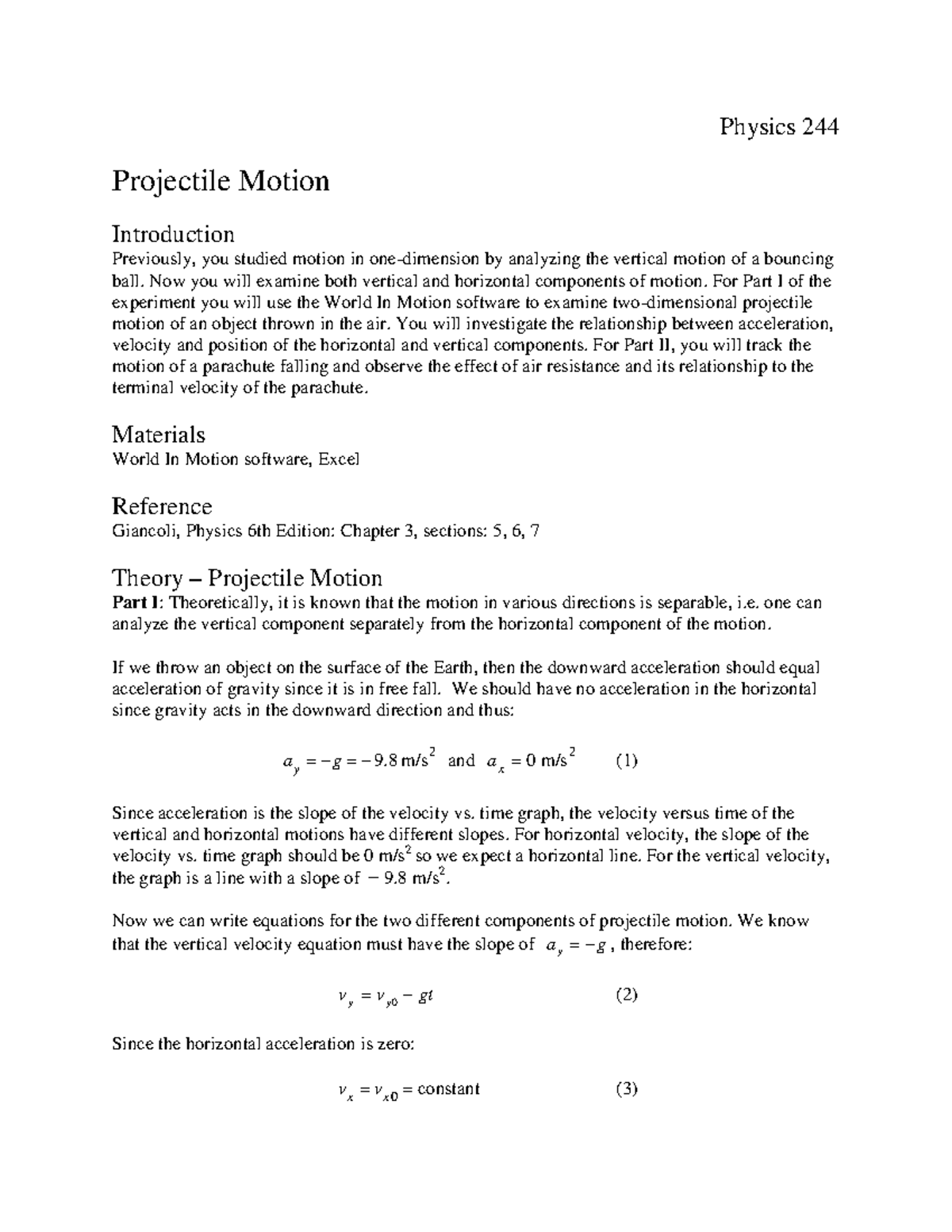Handout Projectile Motion - Physics 244 Projectile Motion Introduction ...