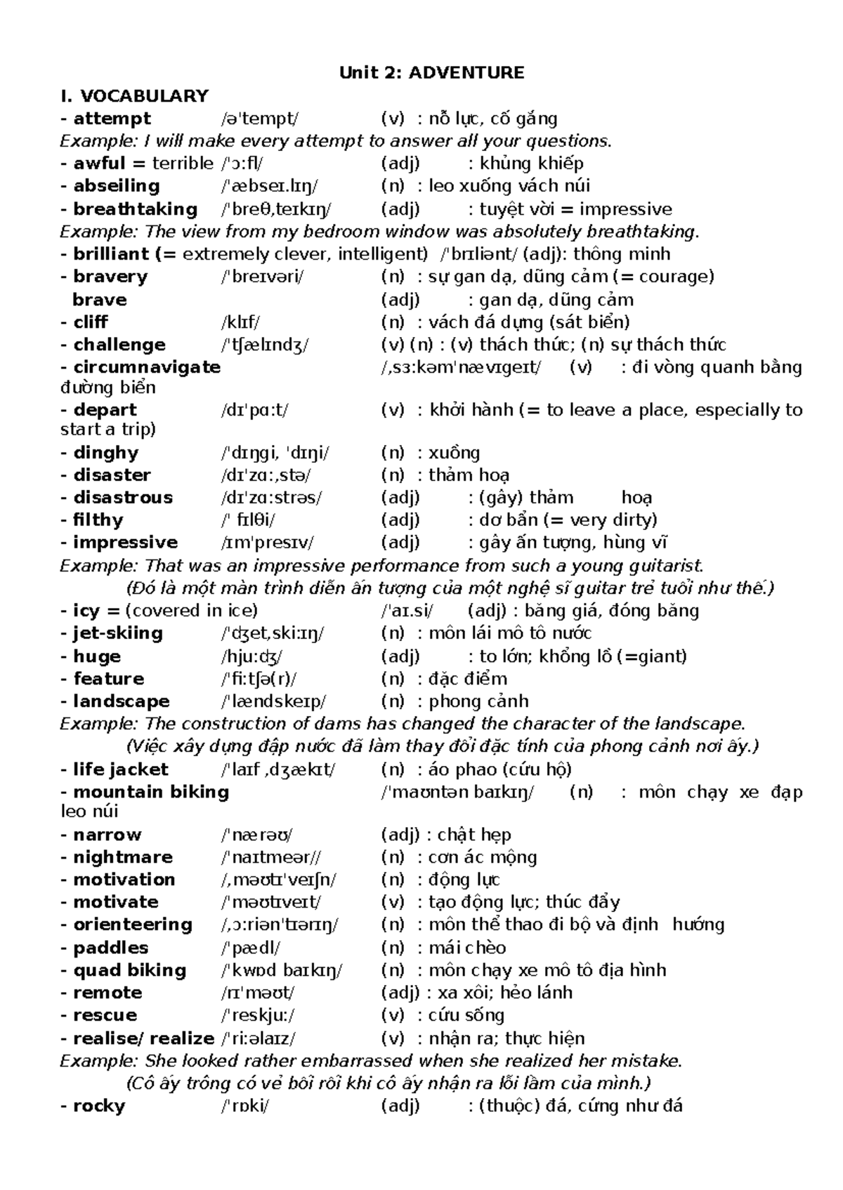 Unit 2: Adventure Vocabulary and Grammar Notes - E10 - Studocu
