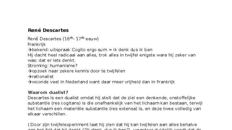 Réne Descartes: Samenvatting van Monisme en Dualisme - Studocu