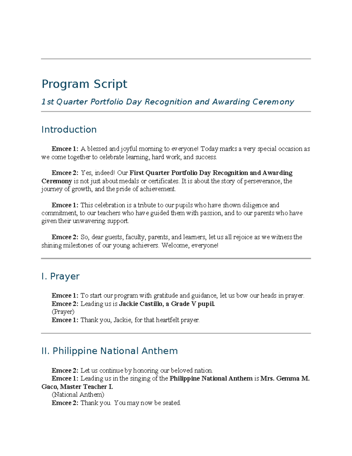 Official Program Script: 1st Quarter Portfolio Day Recognition ...