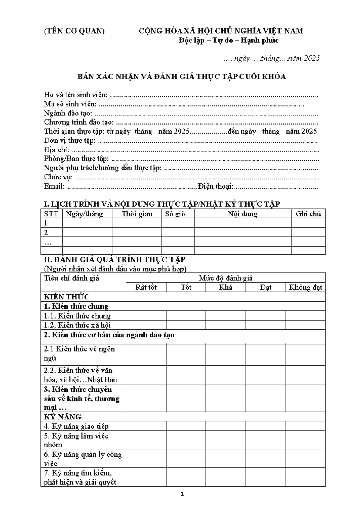 Mẫu Bản Xác Nhận và Đánh Giá Thực Tập Cuối Khóa (TC, CLC) 2025 - Studocu