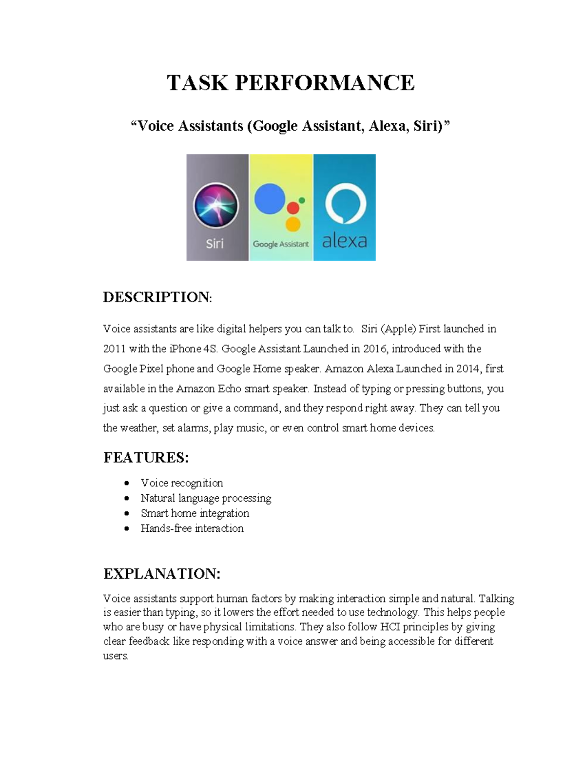 TASK Performance 2: Exploring Voice Assistants & HCI Principles - Studocu