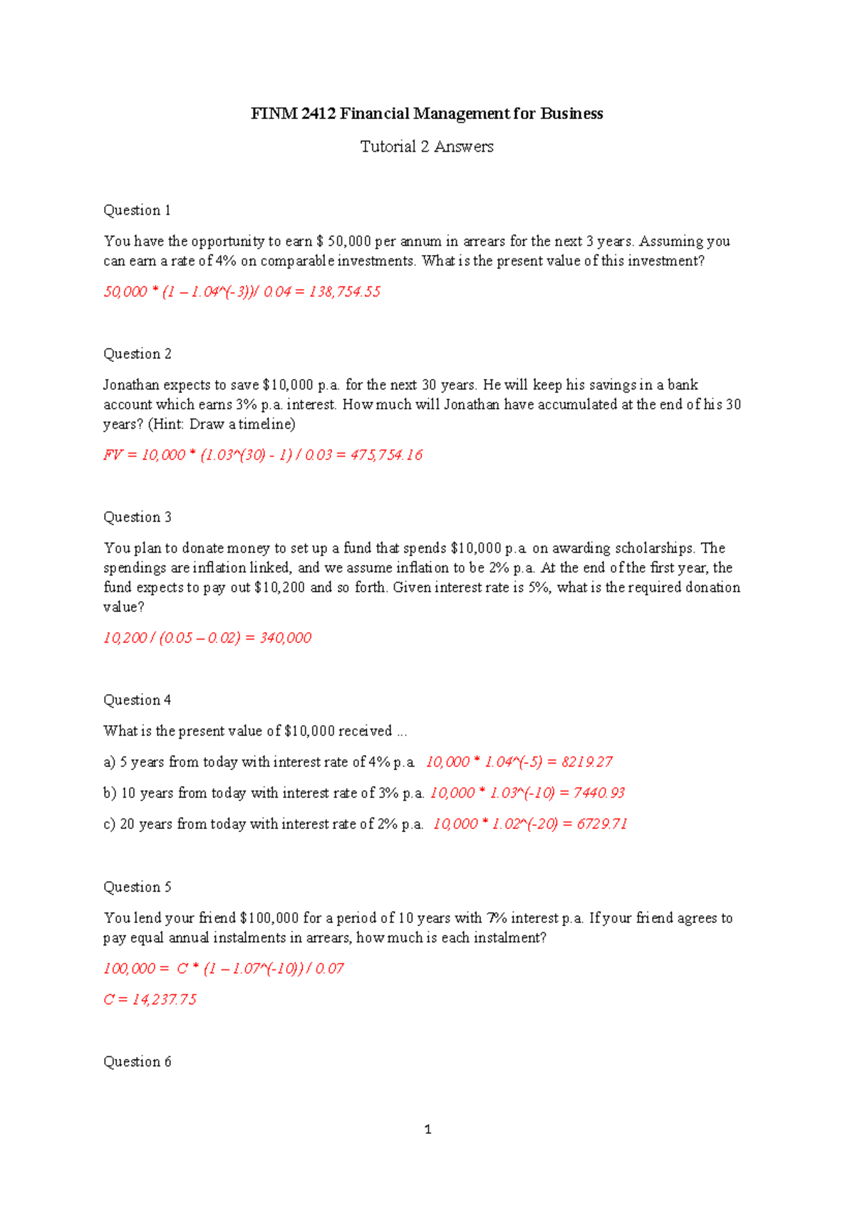FINM 2412 Tutorial 2 Answers: Financial Management Questions Explored ...