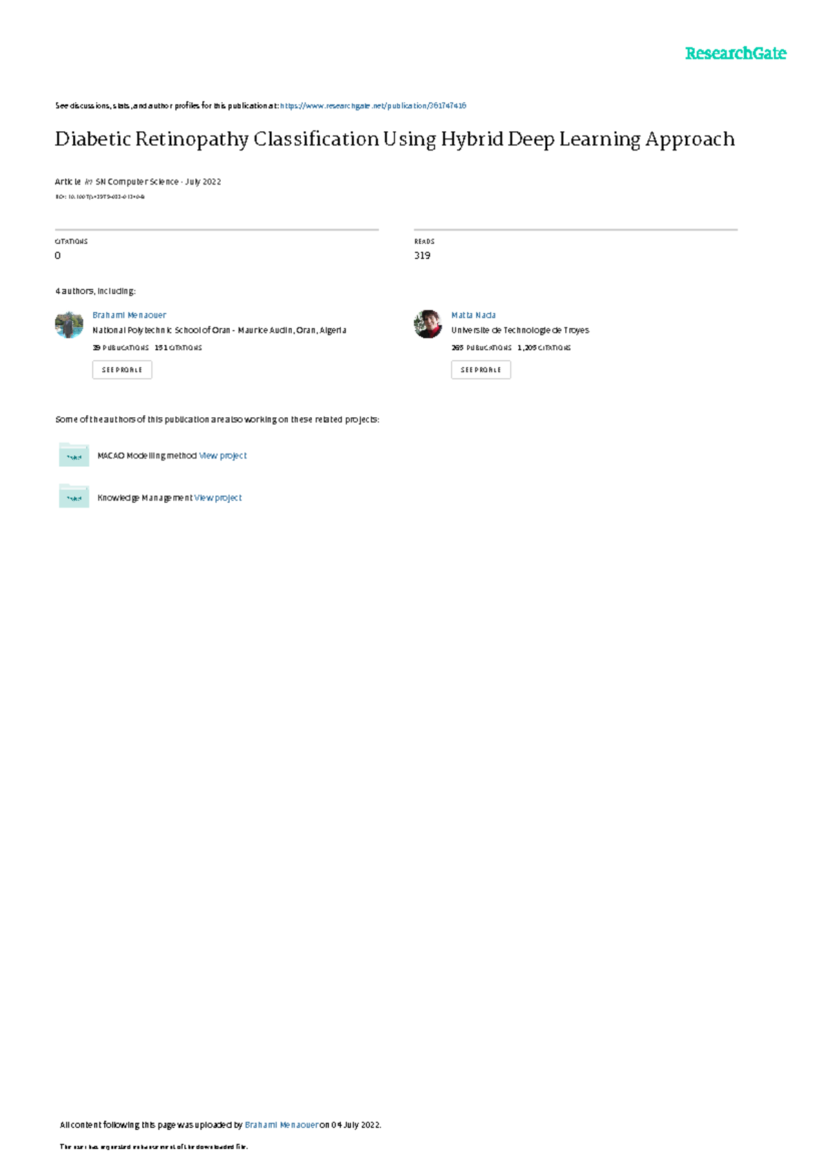 Diabetic Retinopathy Classification Using Hybrid Deep Learning Approach See Discussions Stats