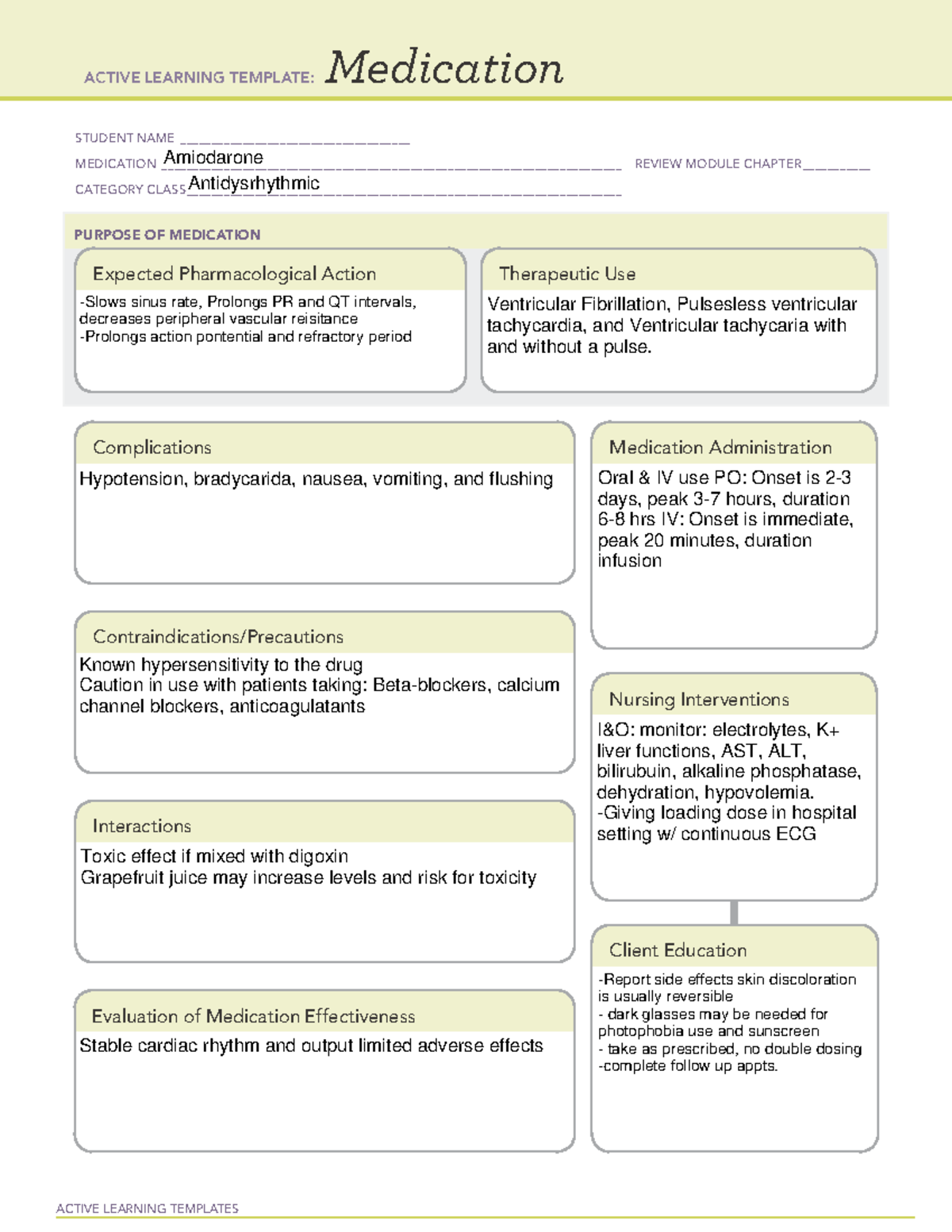 Active Learning Template: Drug Card for Amiodarone (Week 1) - Studocu