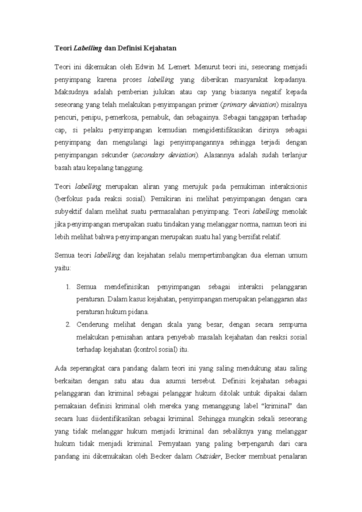 Teori Labelling dan Definisi Kejahatan: Analisis Edwin M. Lemert - Studocu