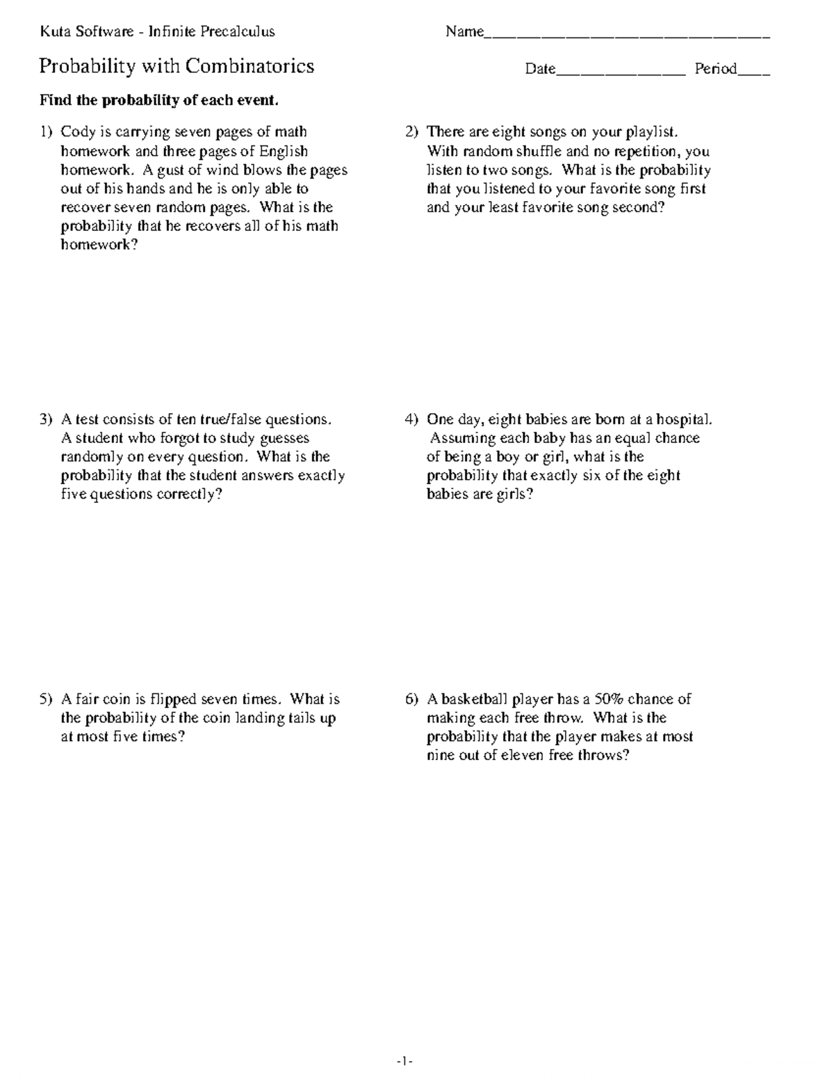 Probability with Combinatorics: Kuta Software Worksheet 12 - Studocu