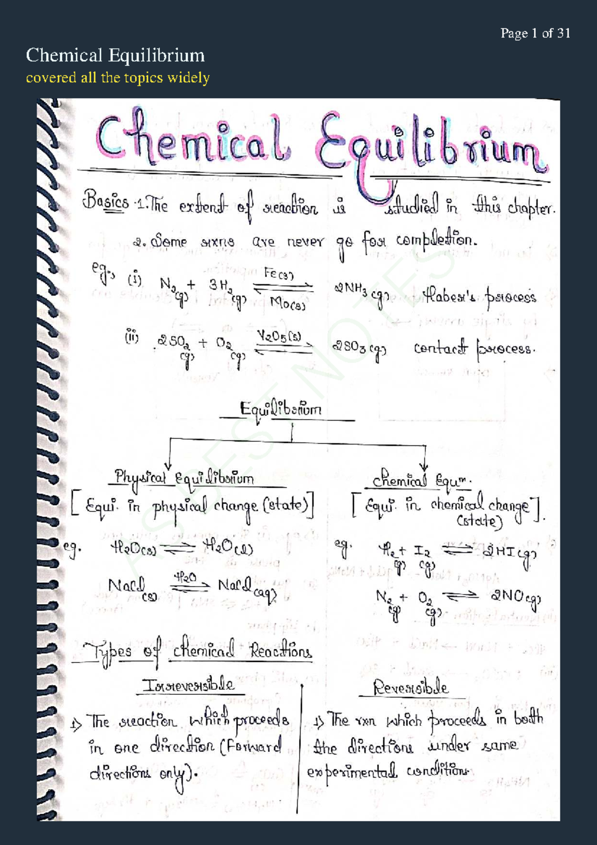 Chemical Equilibrium AS BE ST Notes: Comprehensive Study Guide - Studocu