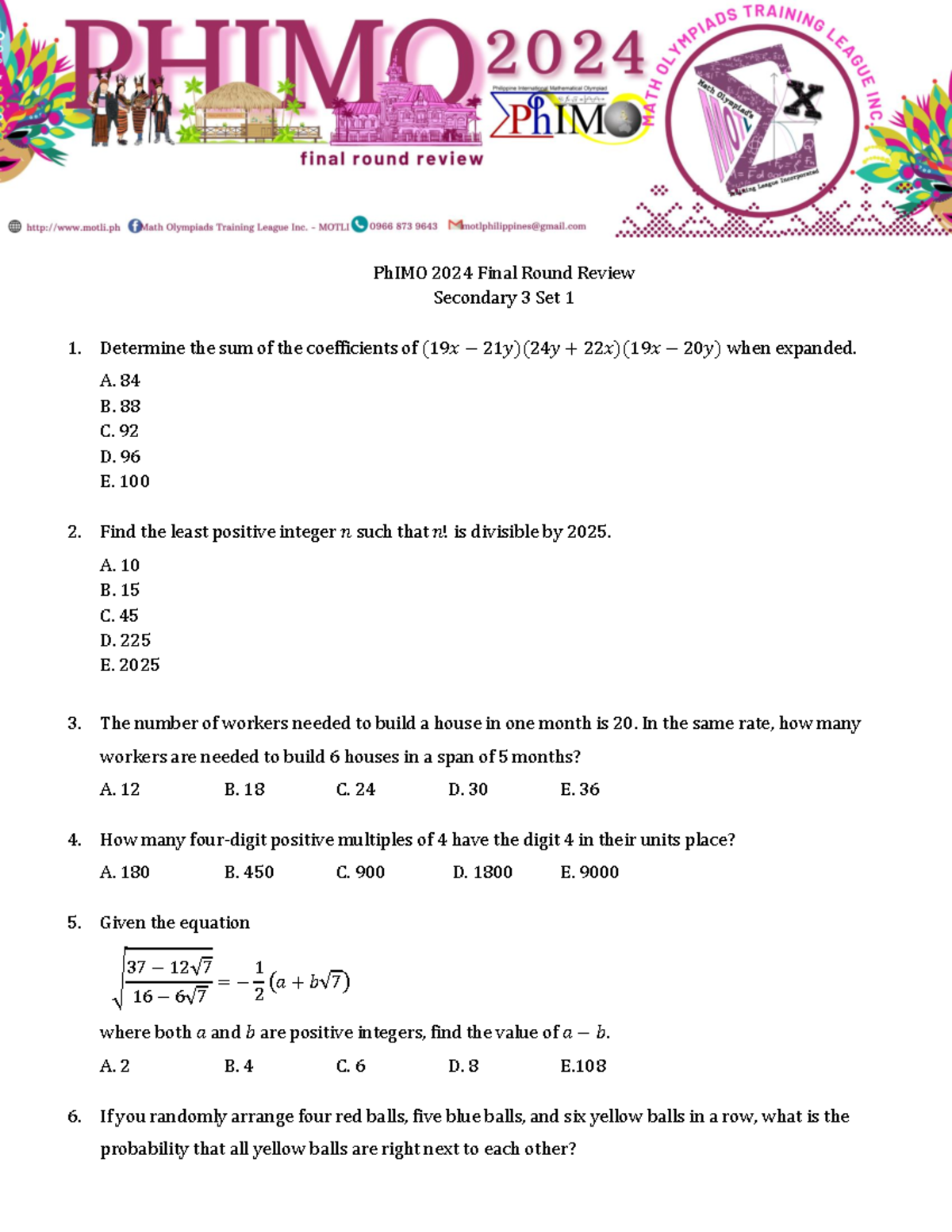 PhIMO 2024 Final Round Review Secondary 3 Set 1 Solutions - Studocu