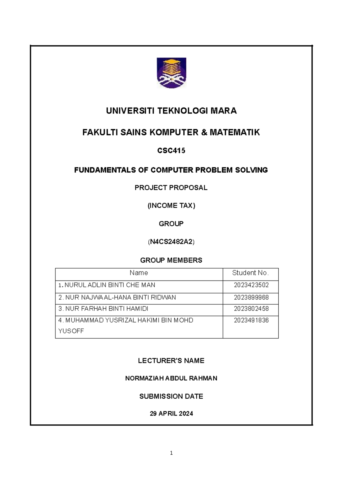 Project Proposal on Income Tax - MINI PROJECT (CSC415) 2023-2024 - Studocu